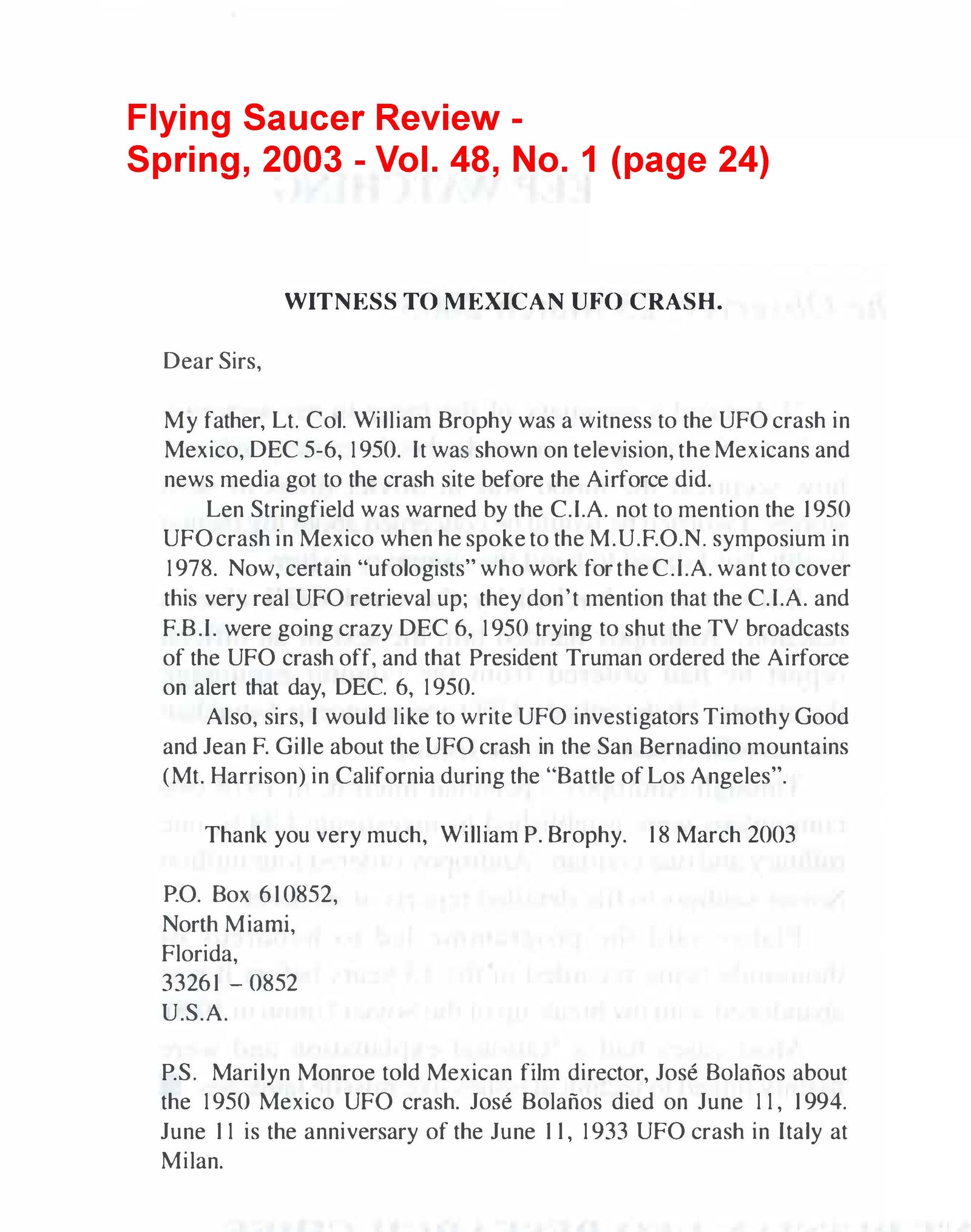 Crash Story File: The Morphing Fantasies of Billy Brophy About His ...