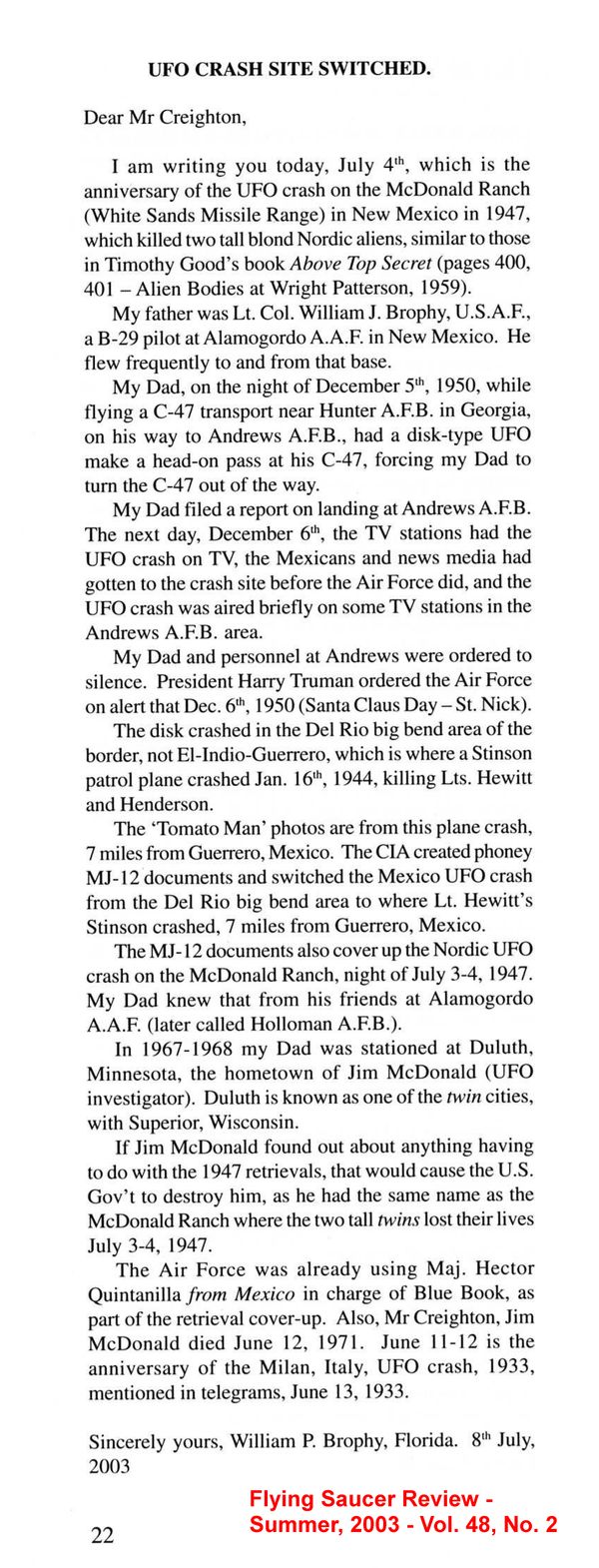 Crash Story File: The Morphing Fantasies of Billy Brophy About His ...